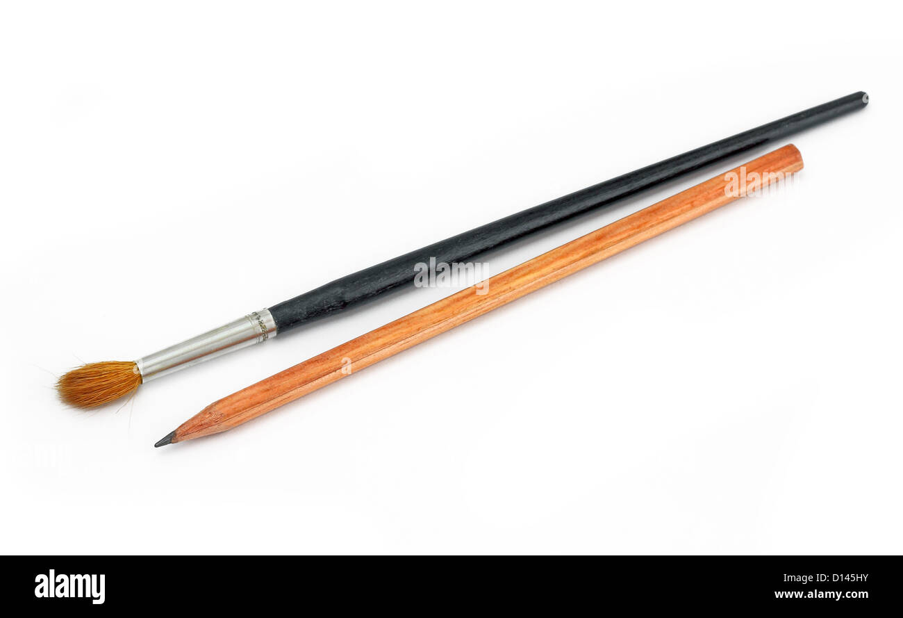 pencil and paint brushes on white background Stock Photo - Alamy