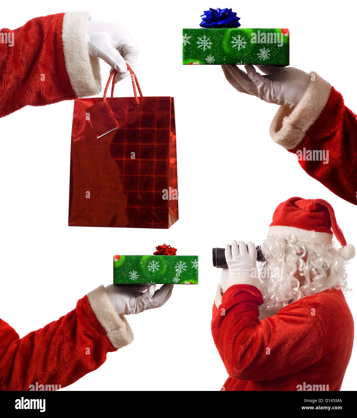 Father Christmas concept composite collage image holding boxes, present ...