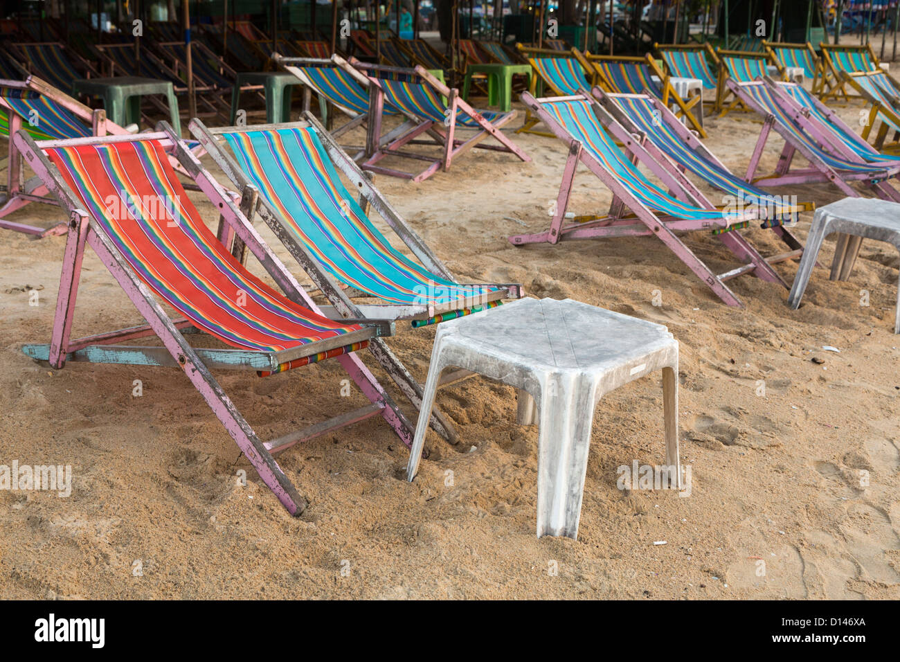 Table and chairs on Pattaya main beach, Thailand Stock Photo - Alamy