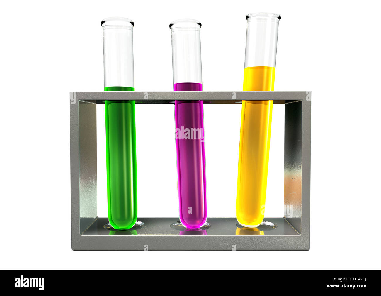 A metal stand holding three laboratory test tubes with pink, green and ...