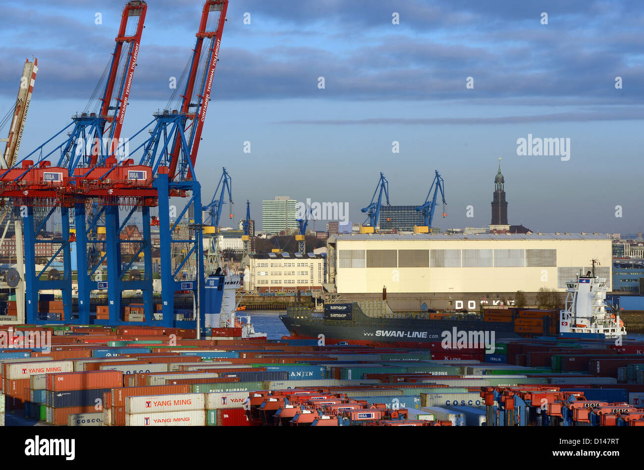 A view of the busy HHLA container terminals Tollerort (CTT) in Hamburg ...