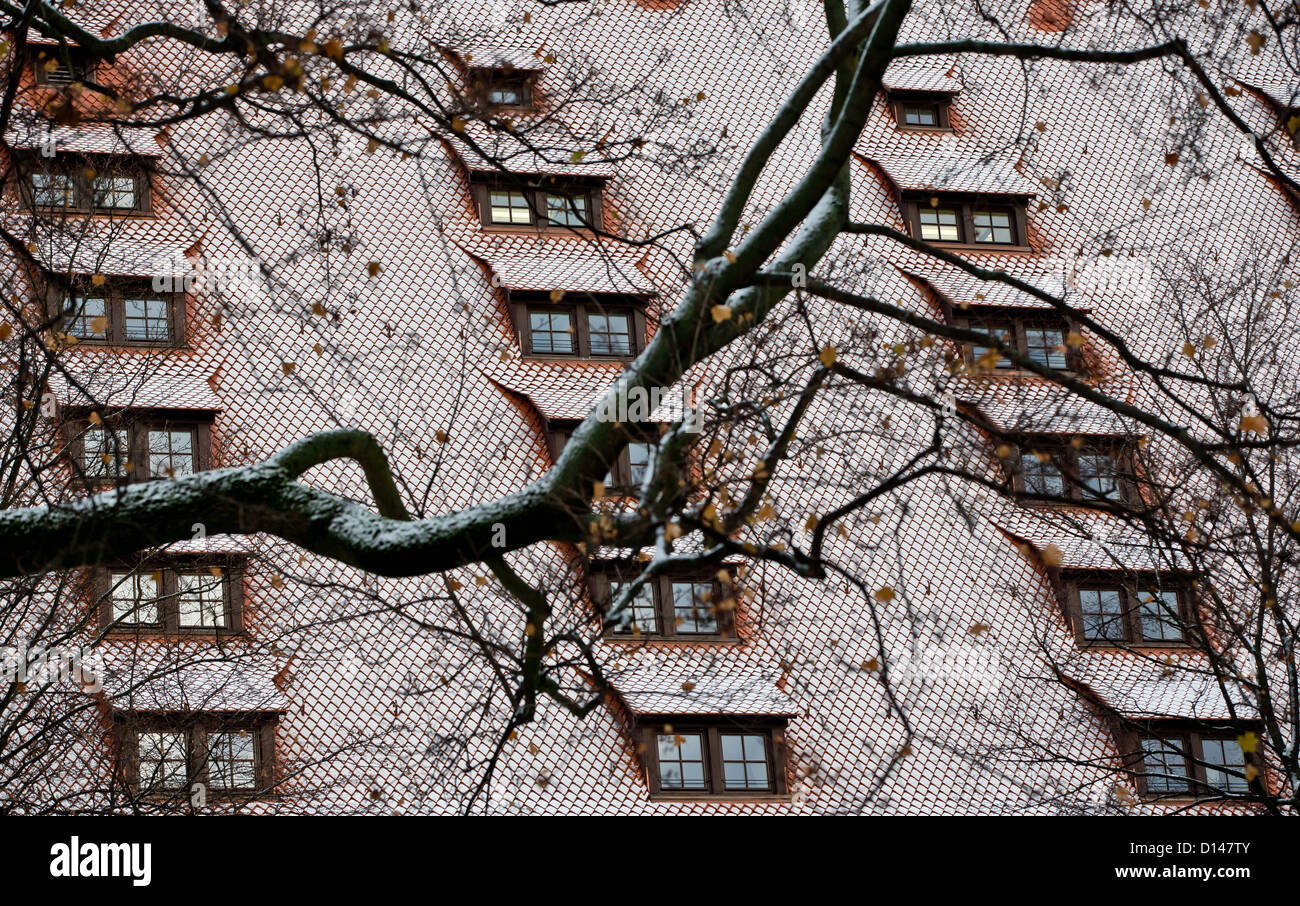 Snow sits on the rooves and dormers of the youth hostel at Nuremberg ...