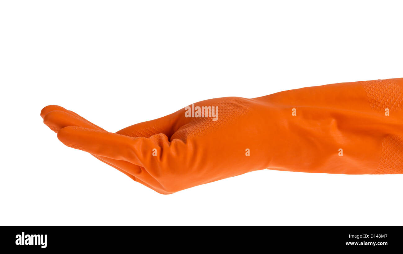 hand in a rubber glove orange holding something isolated on white Stock ...