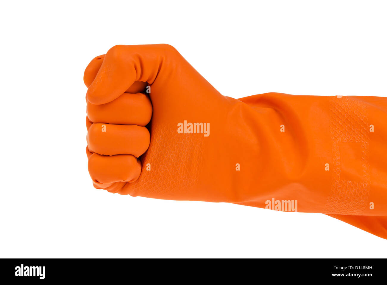 hand in fist outstretched in orange glove isolated on white Stock Photo ...