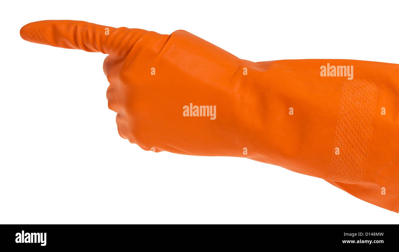 Hand in orange glove points the finger isolated on white Stock Photo ...