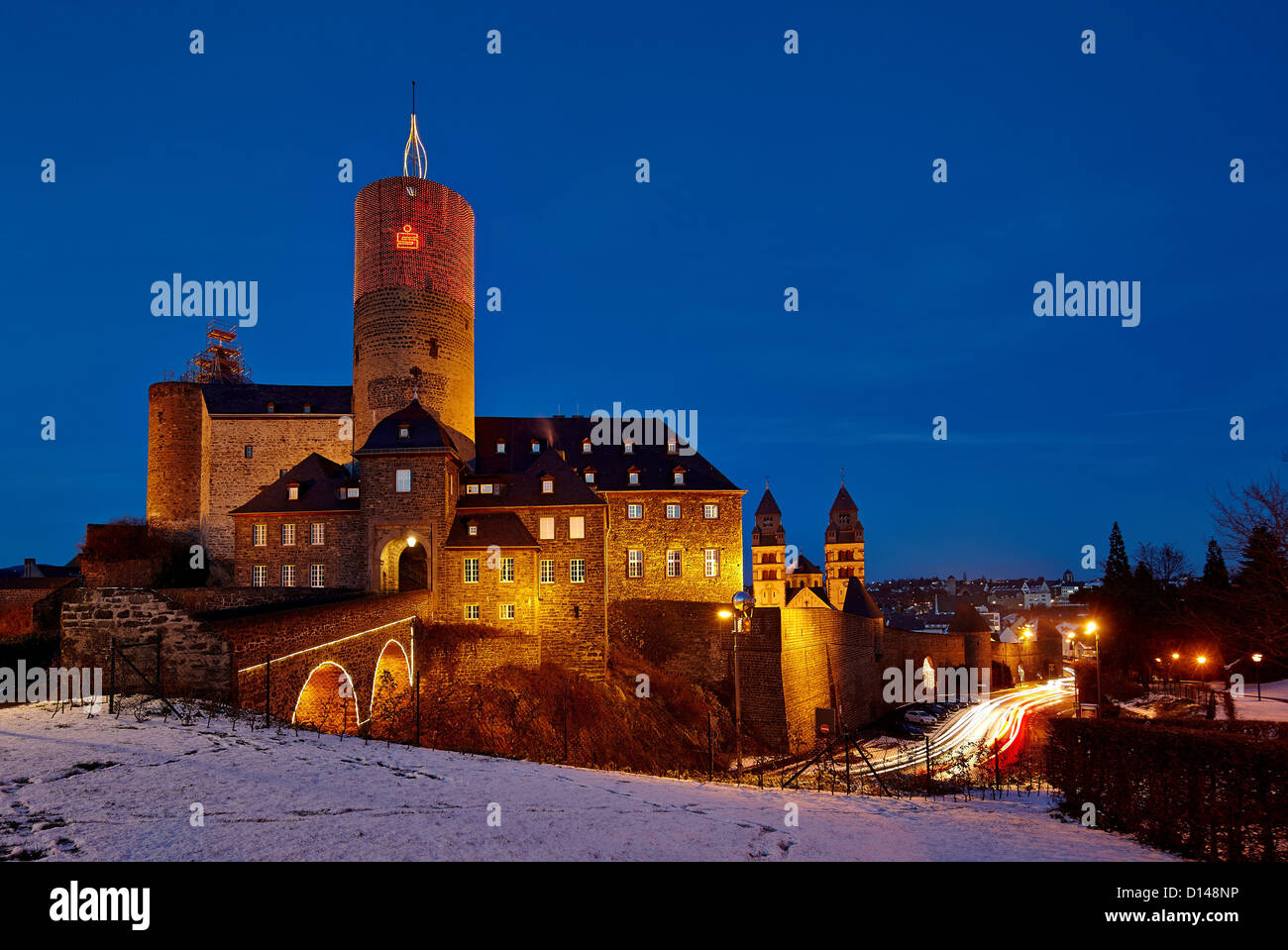 The castle-tower Genoveva Castle is decorated as a giant Christmas ...