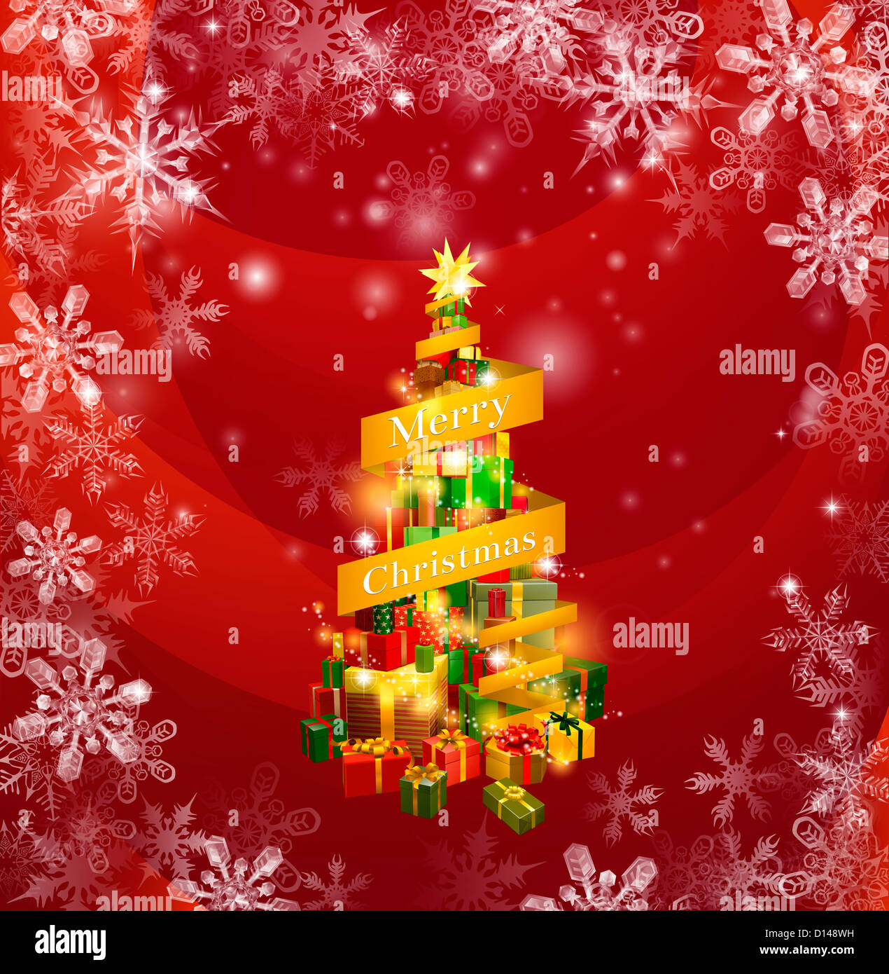 A Christmas background of a stack of gifts with the words Merry ...