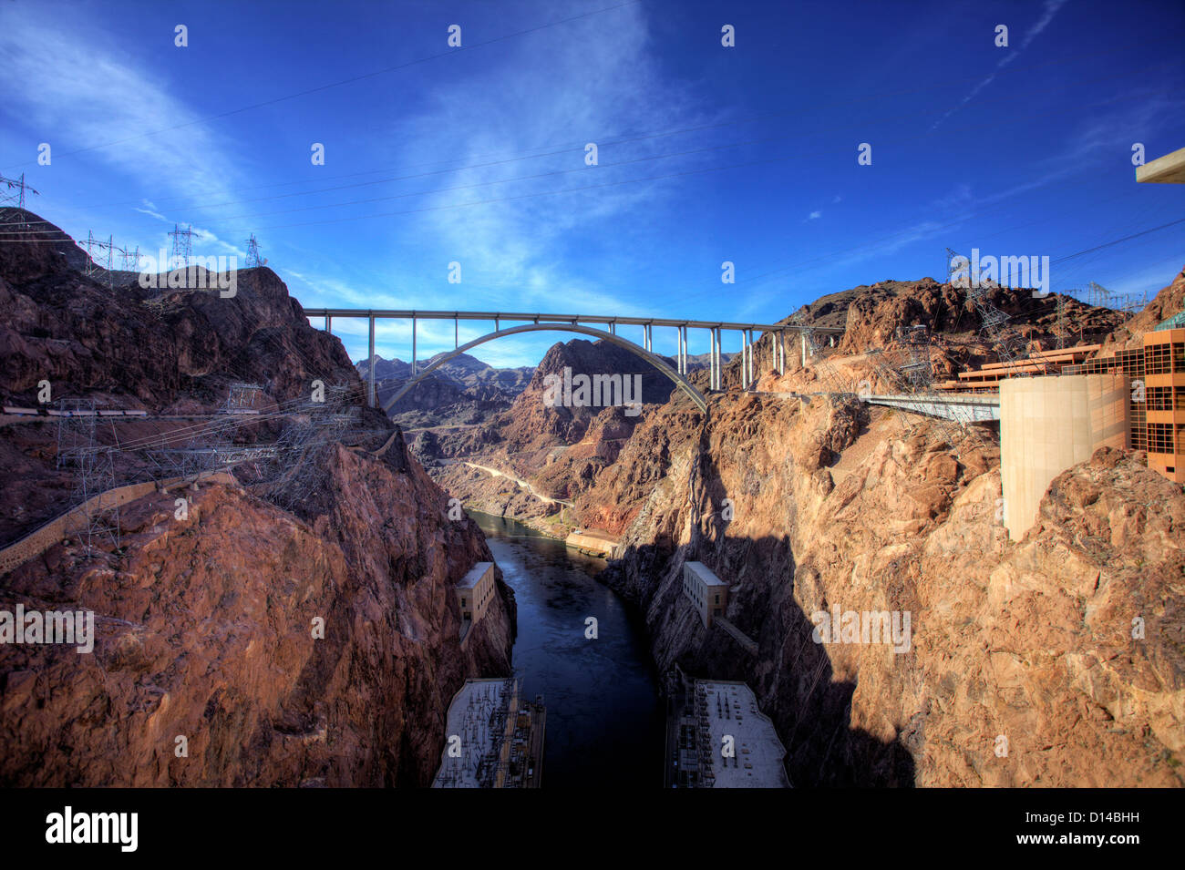 View from Hoover Dam downstream with new bypass Stock Photo - Alamy