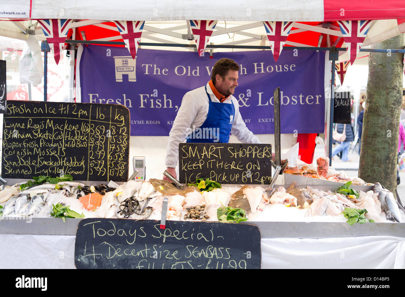 Fishmonger market stall. Exeter Devon UK Stock Photo - Alamy