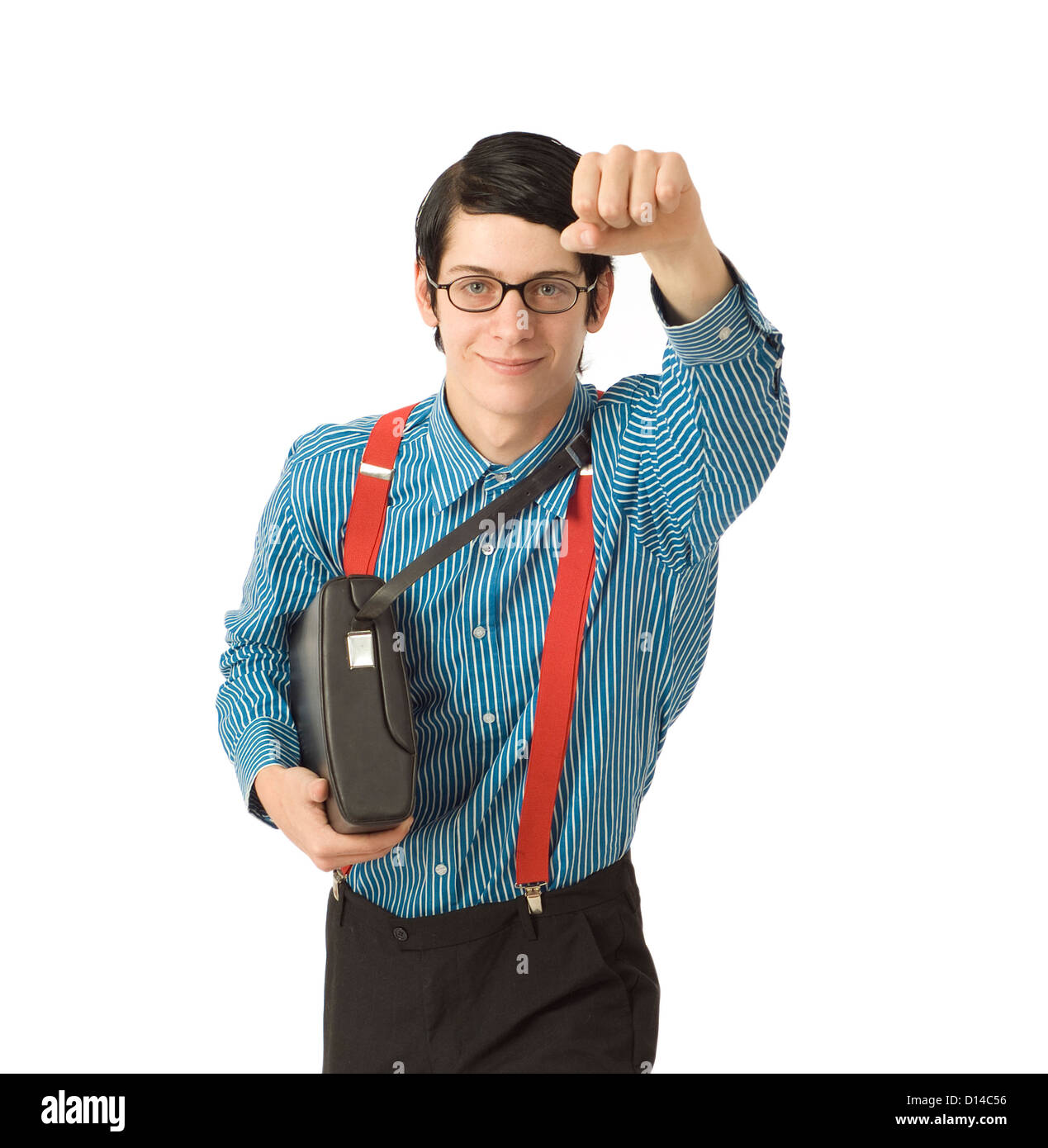 Smiling nerd or geek businessman or IT professional super hero on white ...