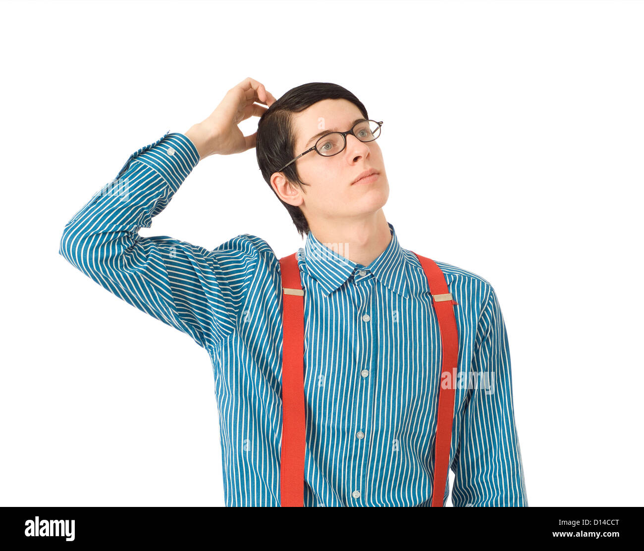 Thinking scratching head nerd businessman manager with blue shirt and ...