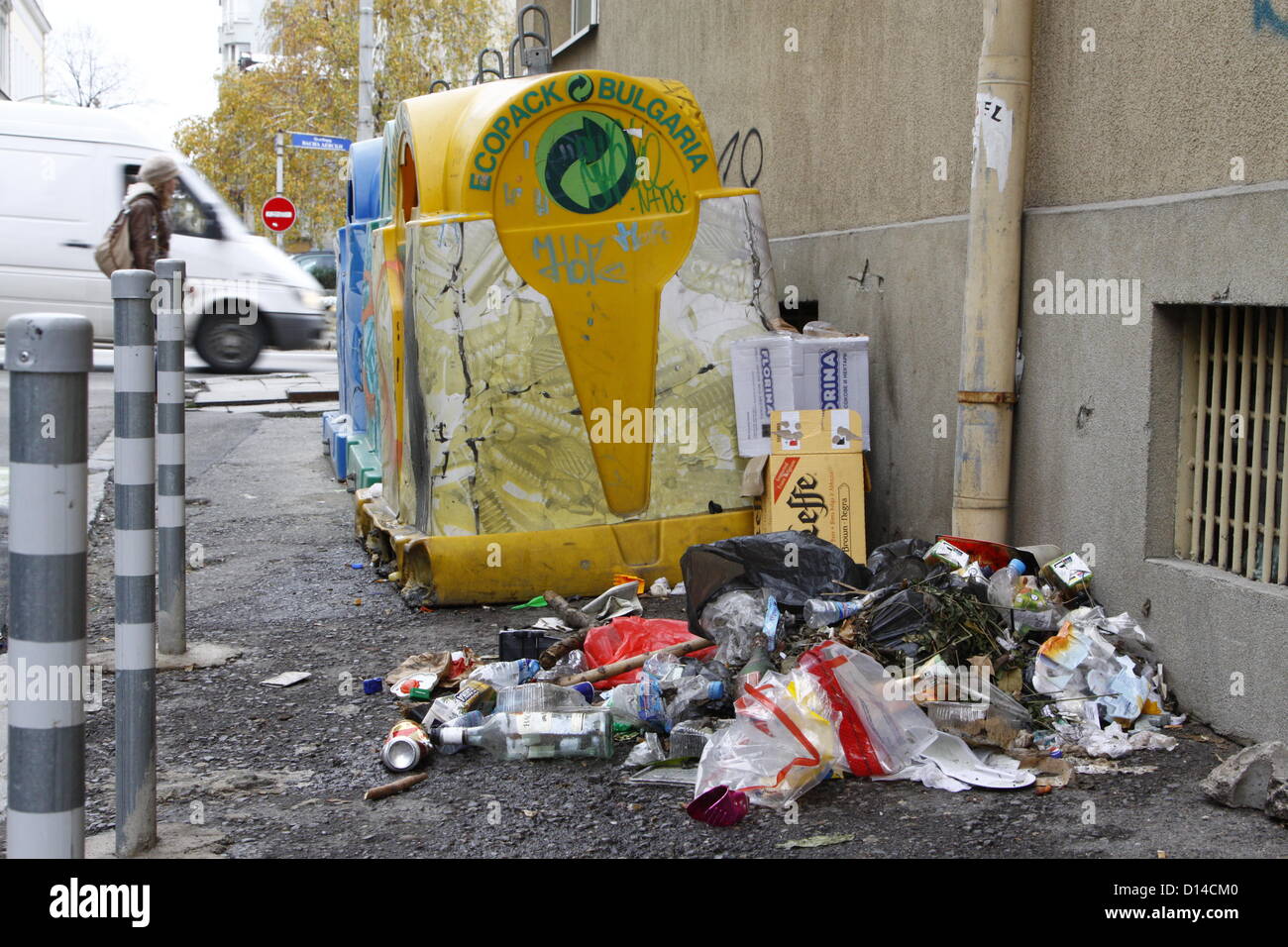 Sofia, Bulgaria. 6th December 2012. Pile of rubbish beside recycling ...