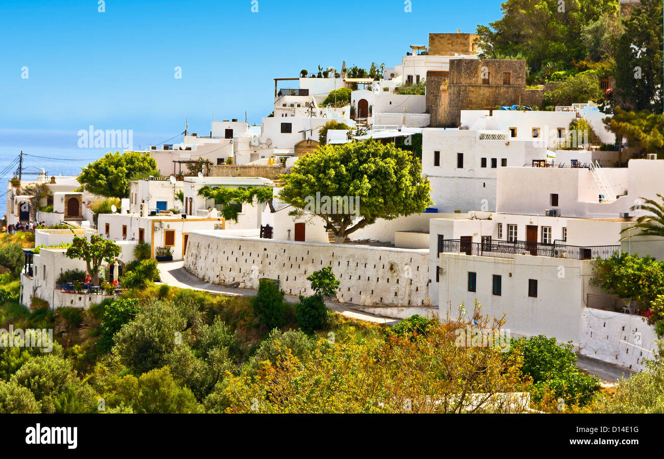 Traditional village of Lindos at Rhodes island of Dodecanese in Greece ...