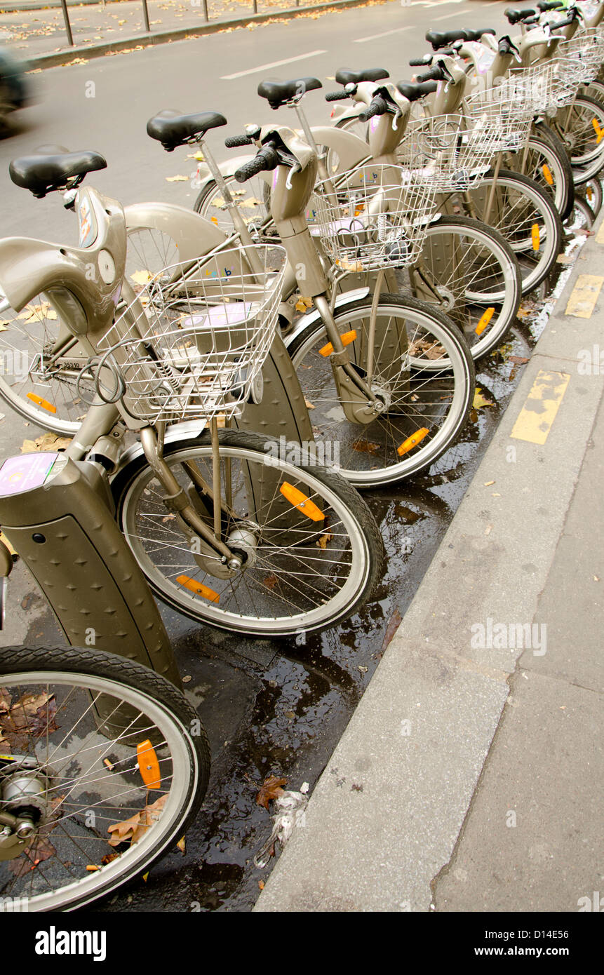 row of Velibs, public bicycles sharing system in Paris, France Stock ...