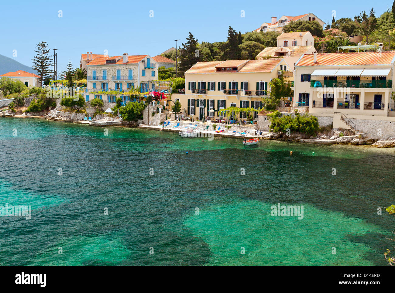 Traditional scenic fishing village of Fiscardo at Kefalonia island in ...