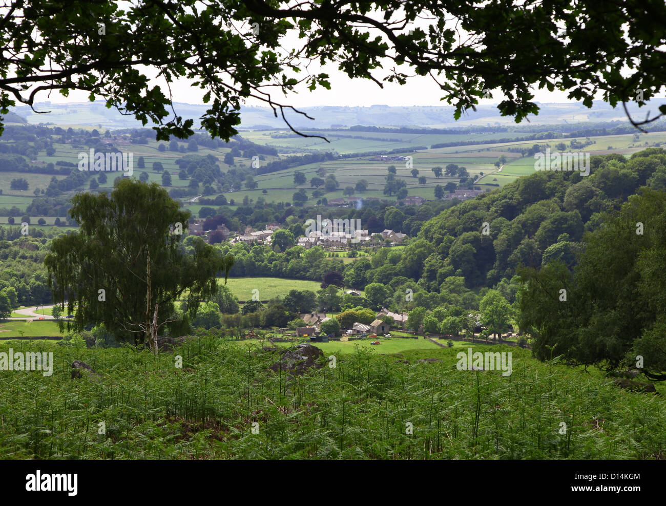Baslow village seen from near Gardom's Edge through a dry stone wall ...