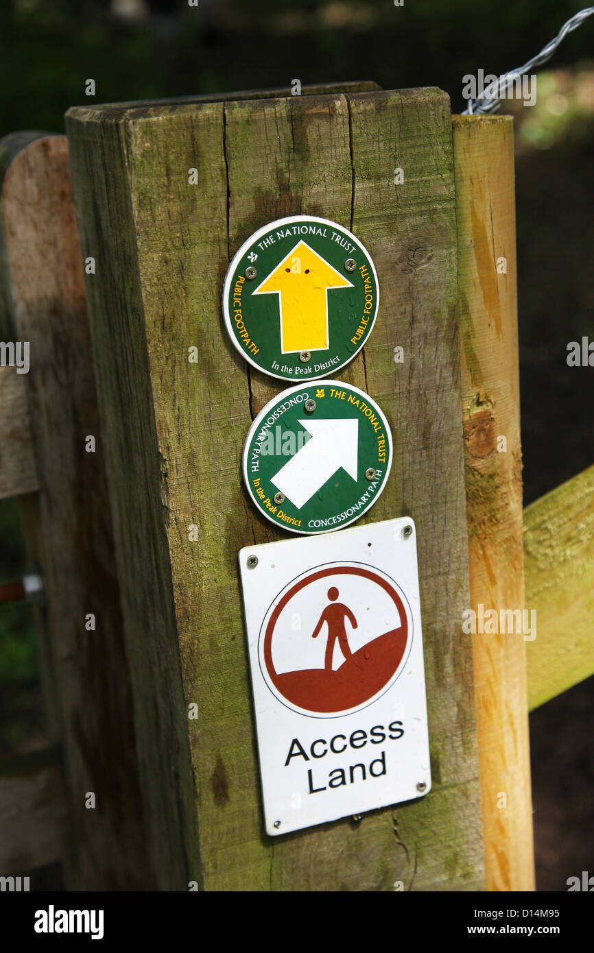 National Trust signs on a wooden post taken on a public footpath saying ...