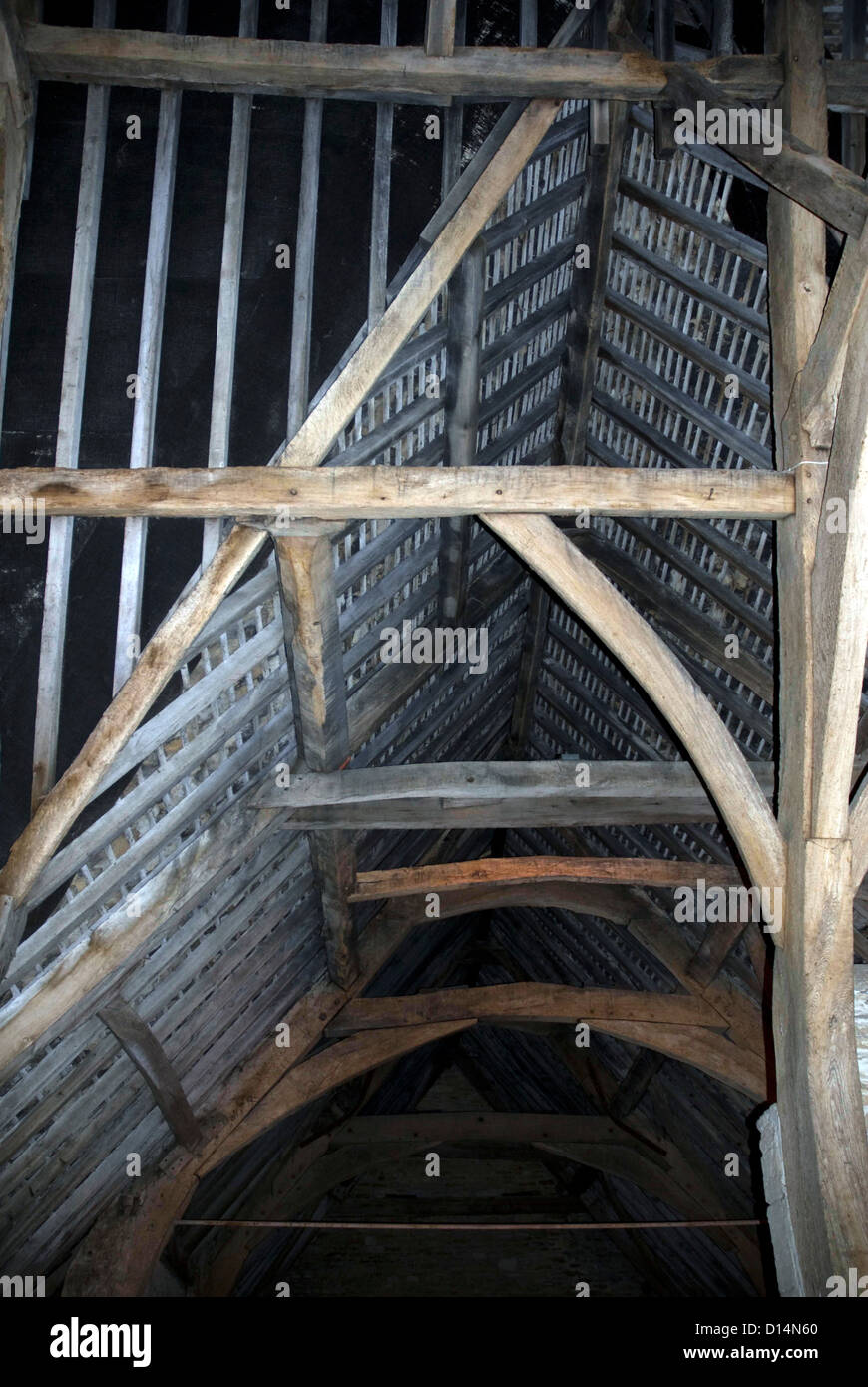 The timbered roof of the fourteenth century tithe barn Lacock Wiltshire ...