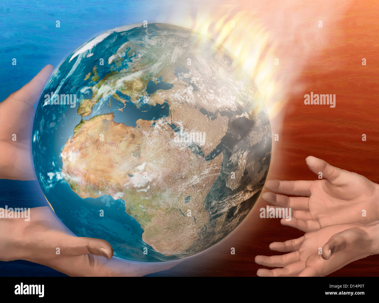 Illustration of flaming earth being handed from adult hands to child ...