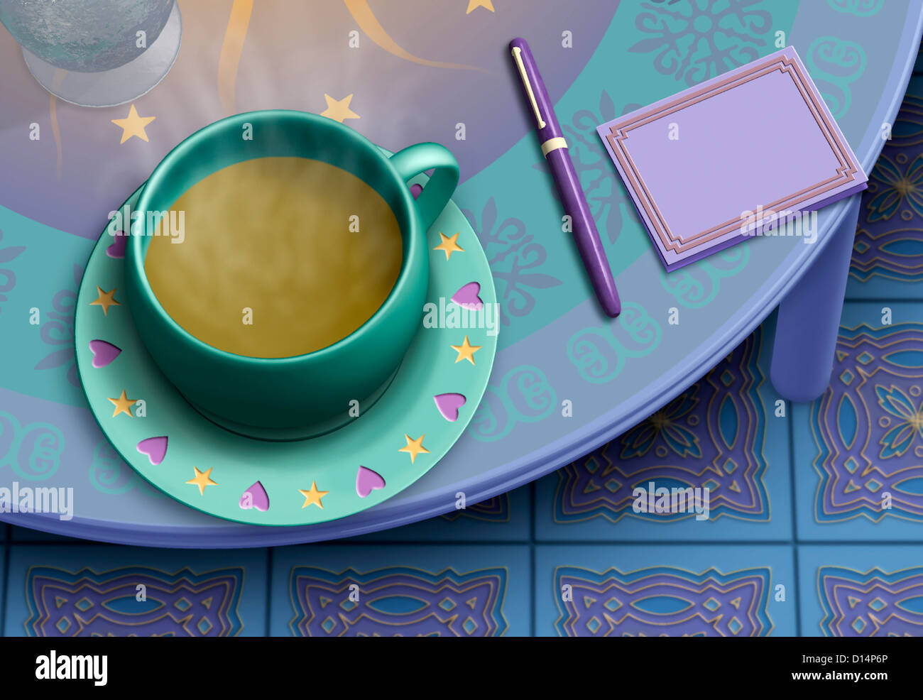 Enchanting colorful illustration of coffee cup, pen, and note paper on ...