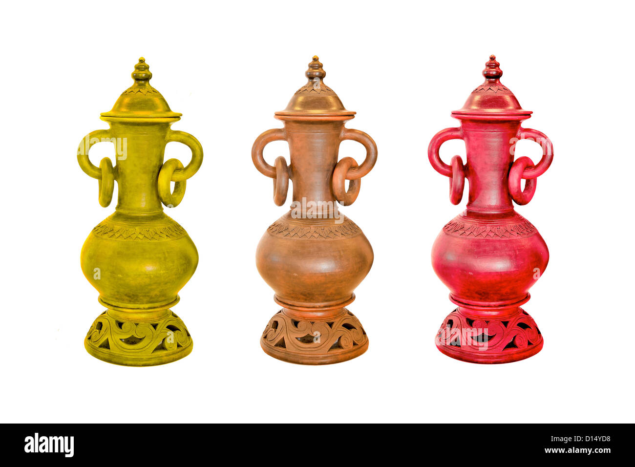 gold orange and red Antique clay jar on a white background isolated ...