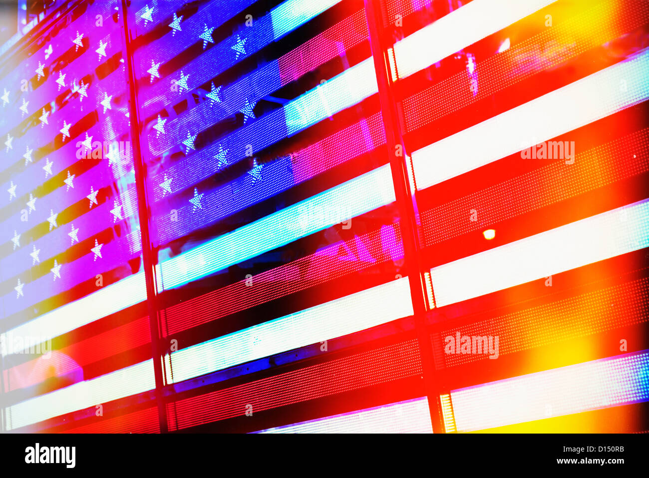 USA, New York State, New York City, Times Square, Neon American flag ...
