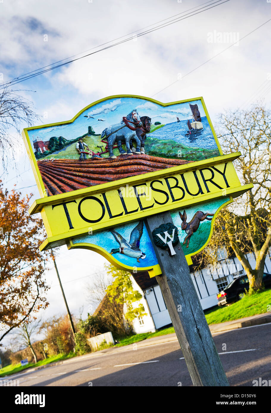The village sign for Tollesbury in Essex Stock Photo - Alamy