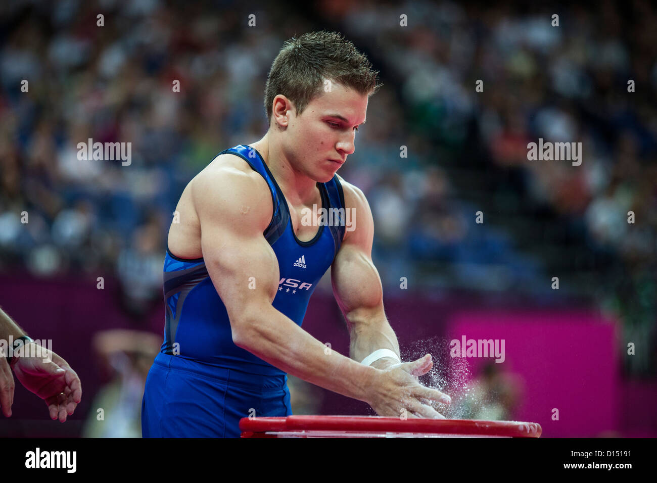 Jonathan Horton (USA) prepares to competing on the Pommel Horse during ...