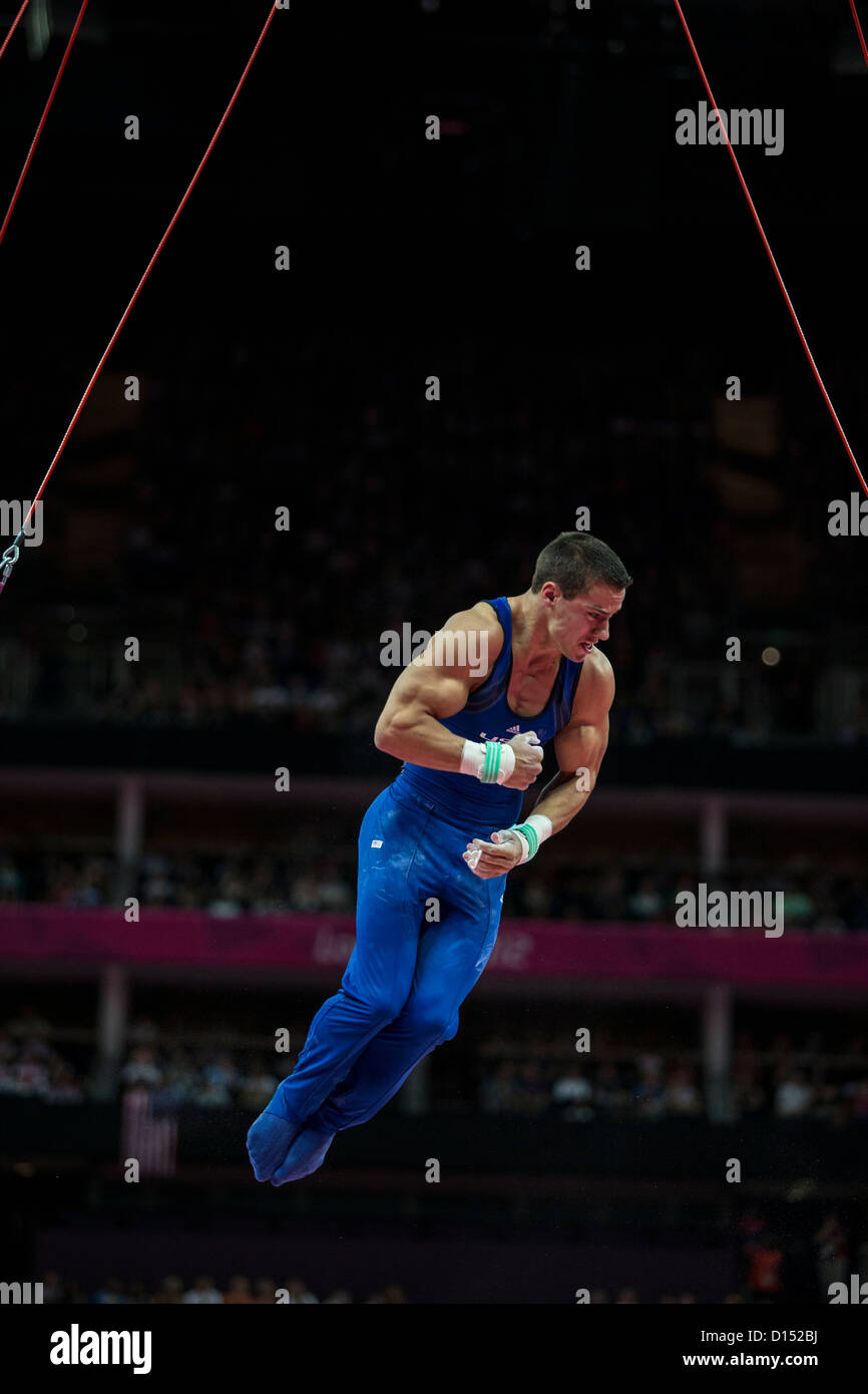 Jacob Dalton (USA) competing on the Rings during the Men's Team ...