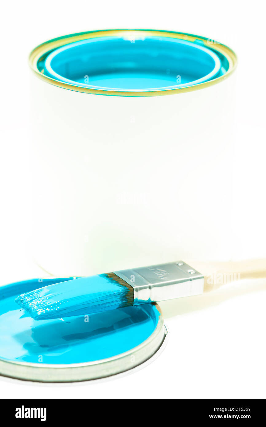 Can of bright blue paint and brush. Shallow DOF Stock Photo - Alamy