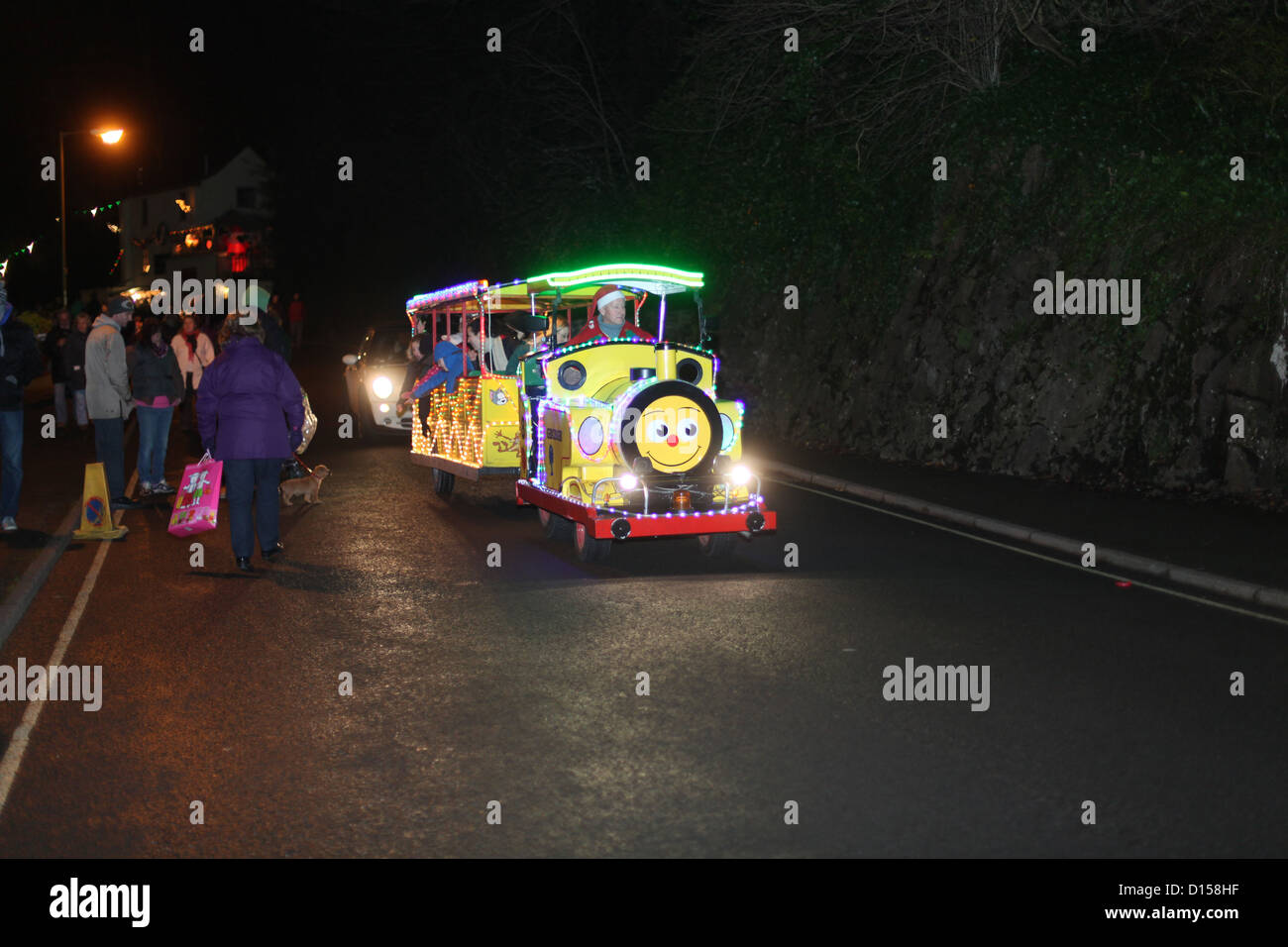Small road train at the Cheddar Festive night December 2012 Stock Photo ...