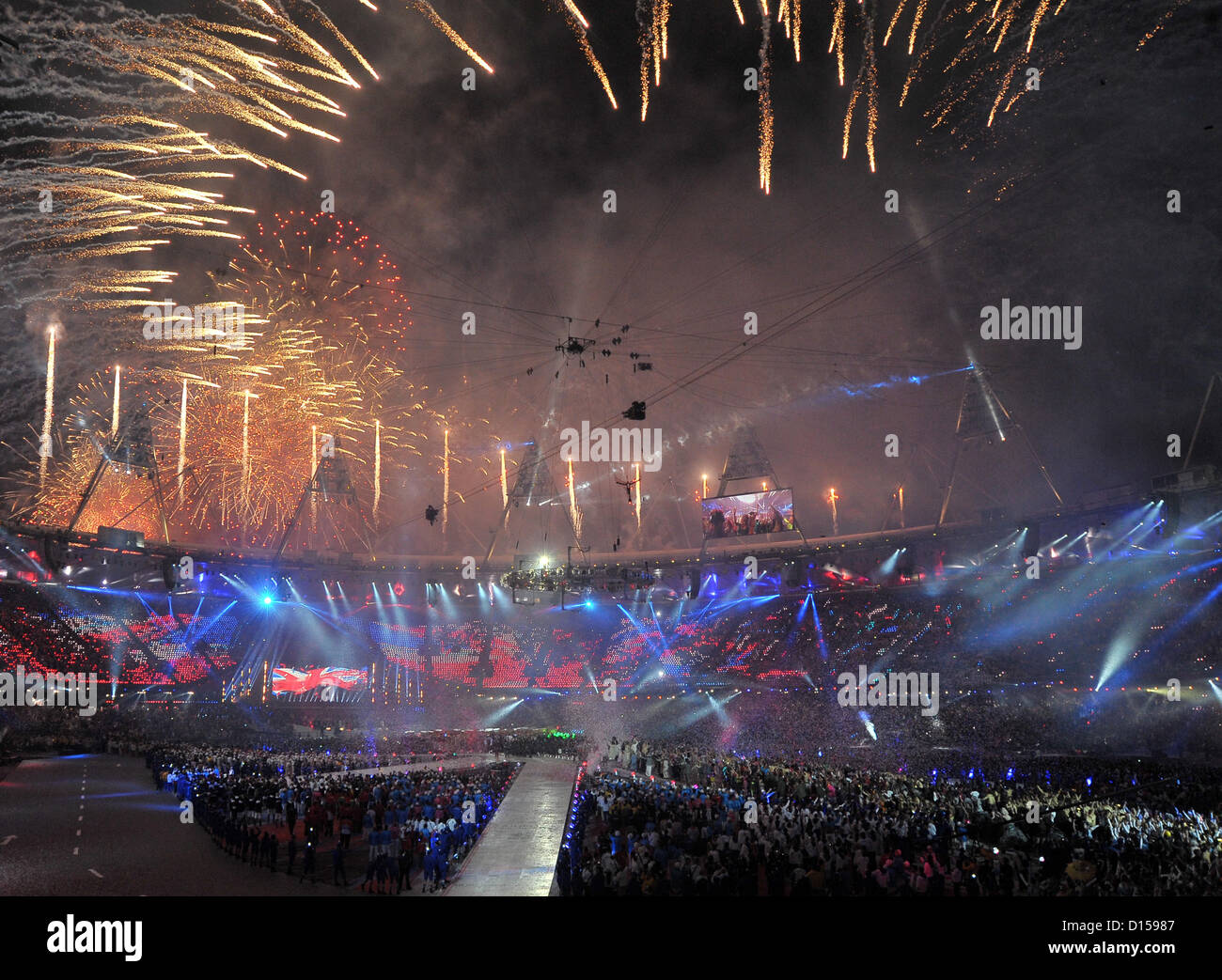 Fireworks go off from the roof, Closing Ceremony Stock Photo - Alamy