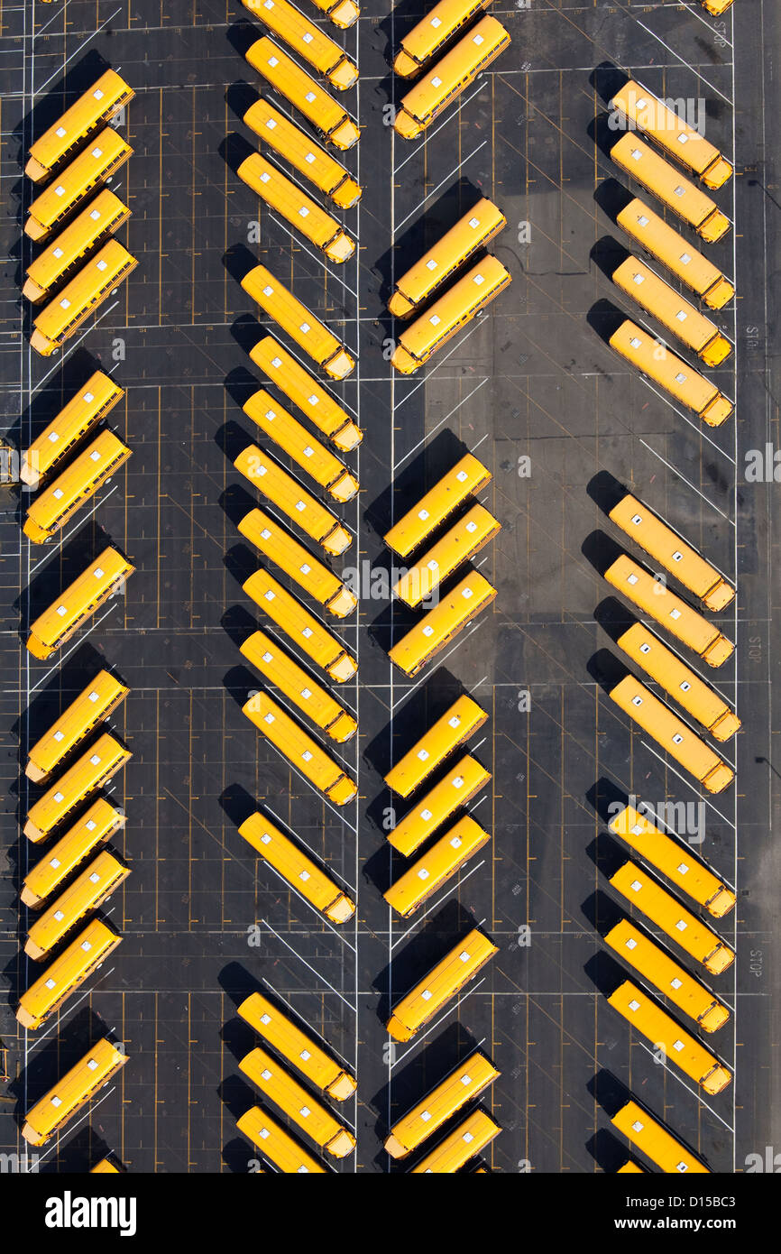 Parked School Buses In A Parking Lot Stock Photo - Alamy