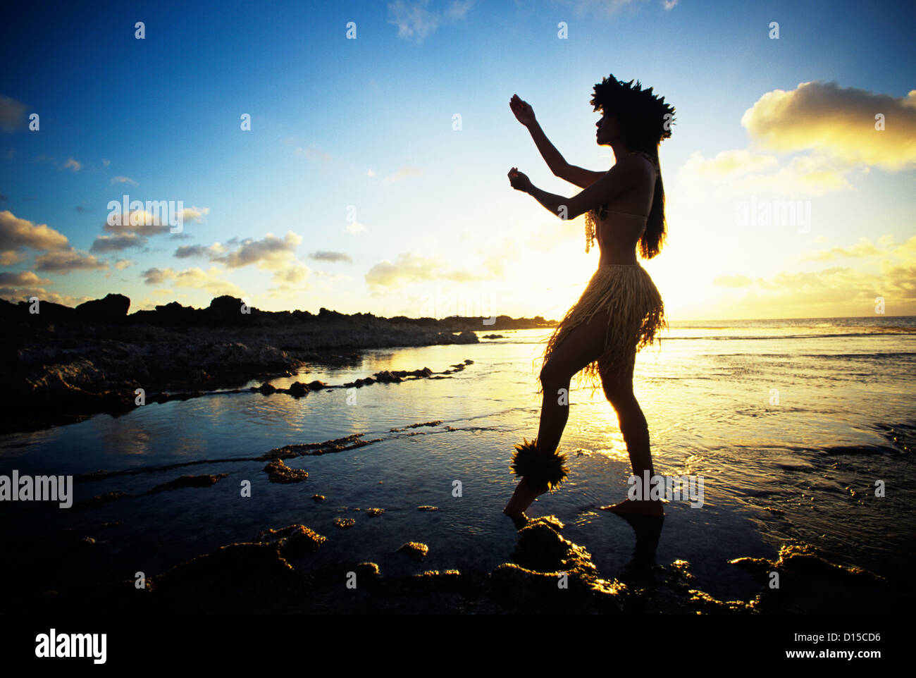 Hawaii, Female Hula Dancer On Beach, Silhouetted By Sunset Stock Photo ...