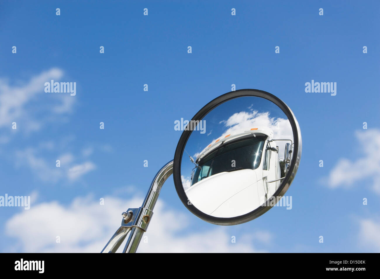 USA, New York State, New York City, Reflection of semi-truck in side ...