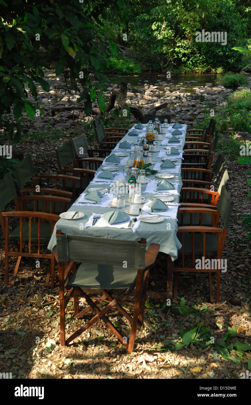 Dining table set up in the bush at Lewa Downs Kenya Africa Stock Photo ...