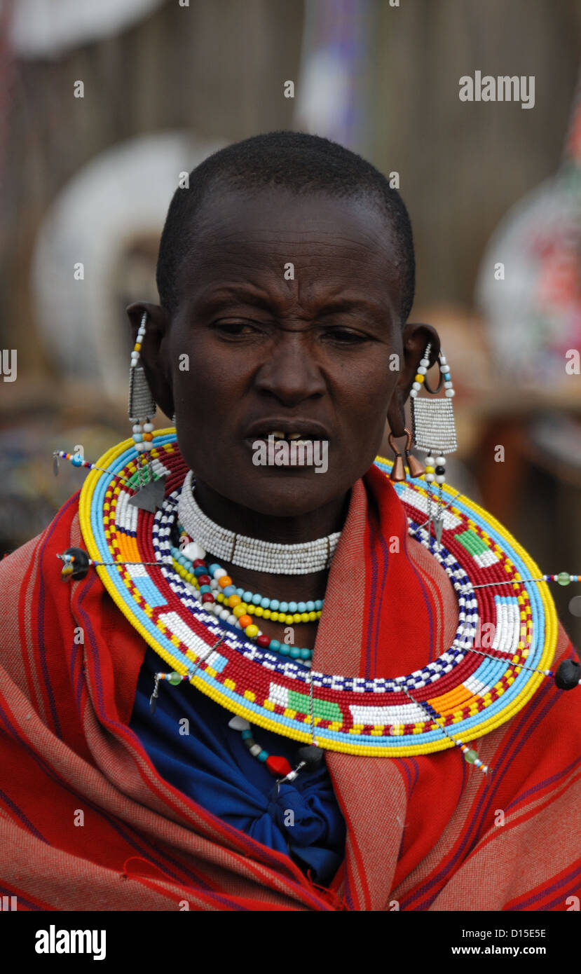 Masai woman with beaded necklace in a village near Ngorongoro Crater ...