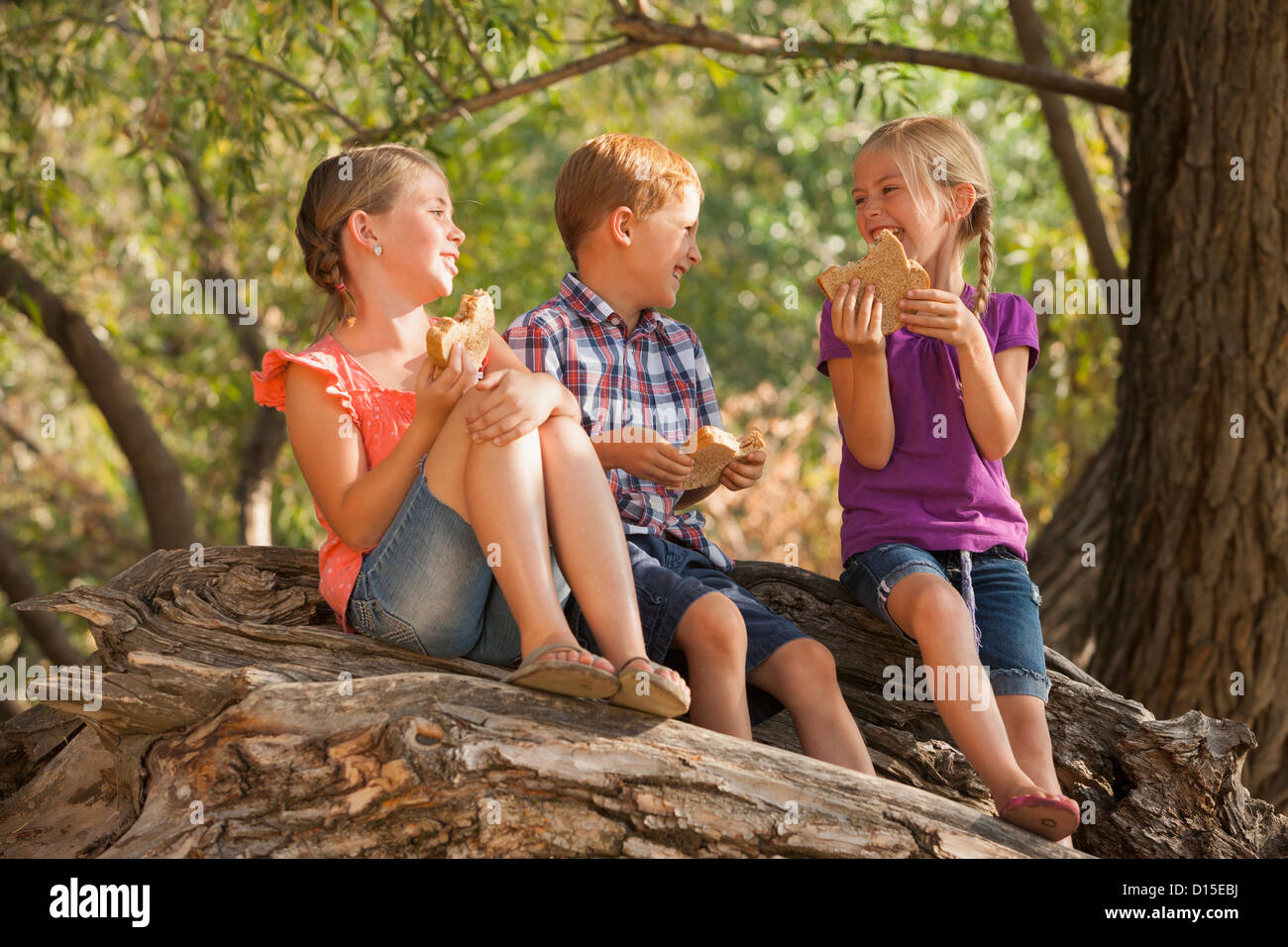 Happy kids eating sandwiches hi-res stock photography and images - Alamy