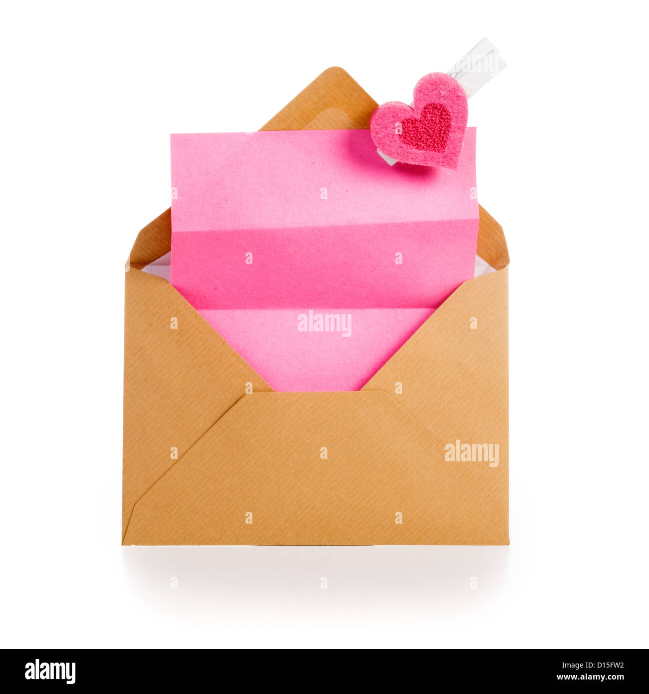 Envelope with pink notepad and heart on white background, clipping path ...