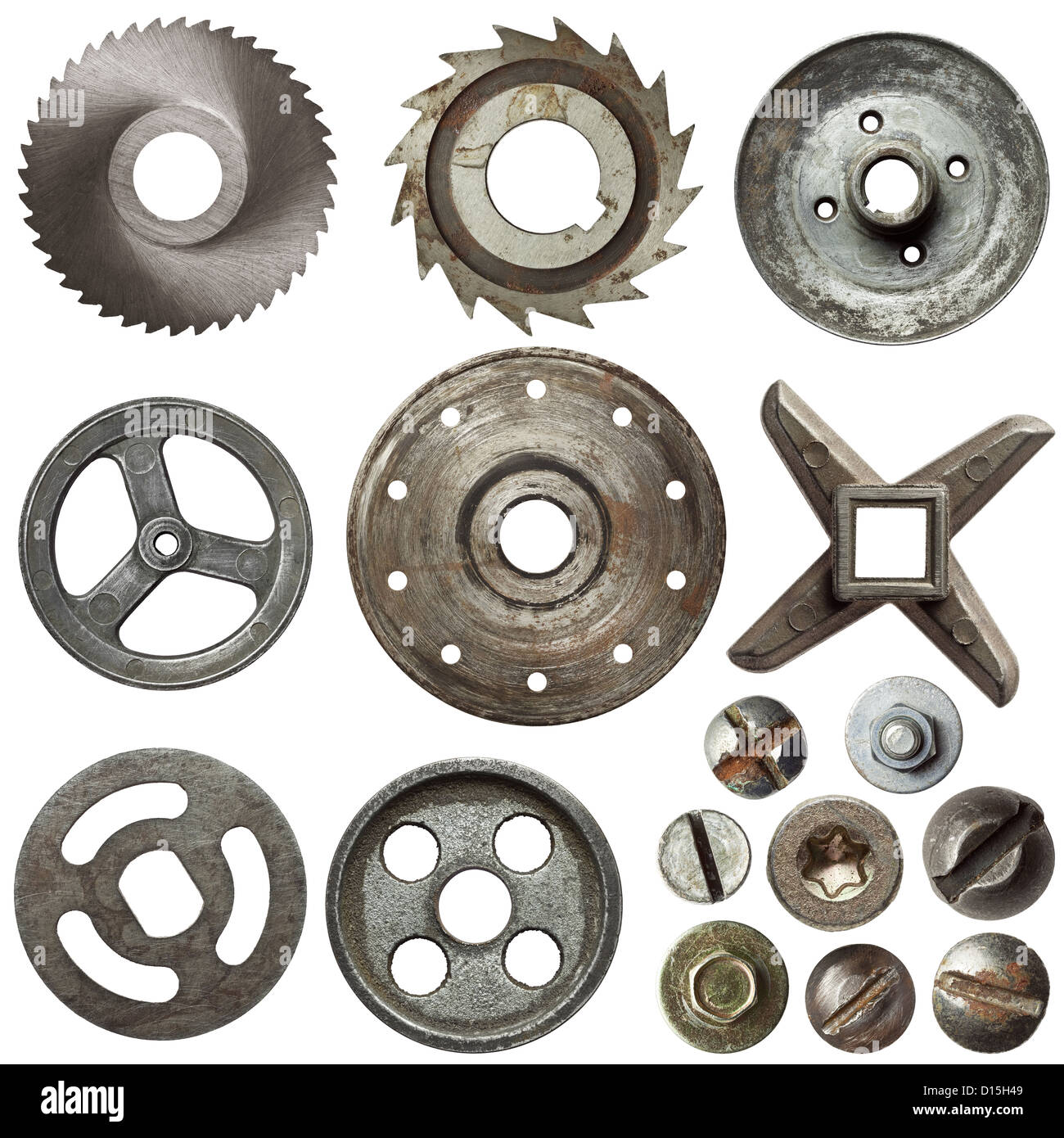 Cogwheels, pulleys, screw heads and other metal details Stock Photo - Alamy