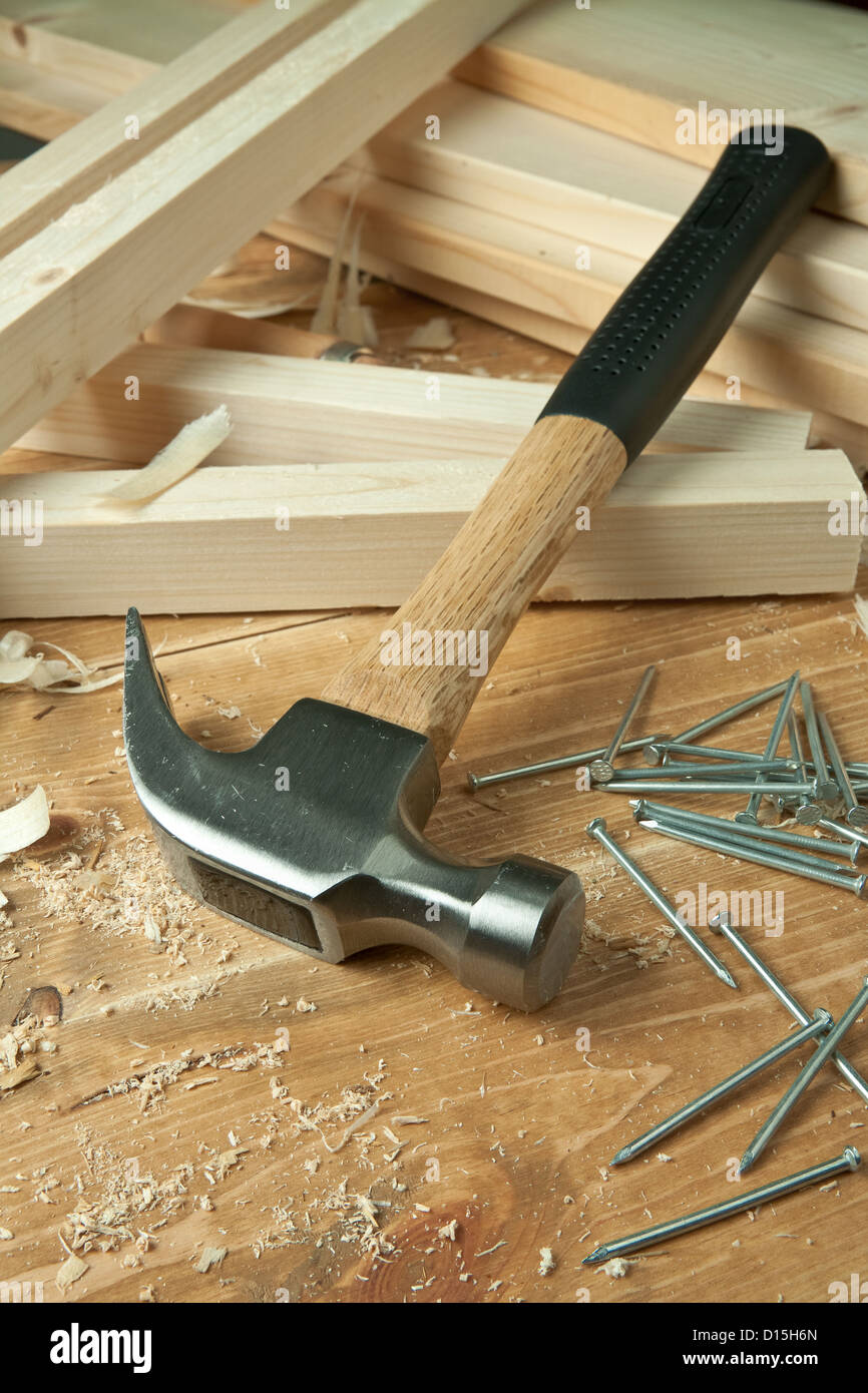 Wooden planks, hammer and nails Stock Photo - Alamy