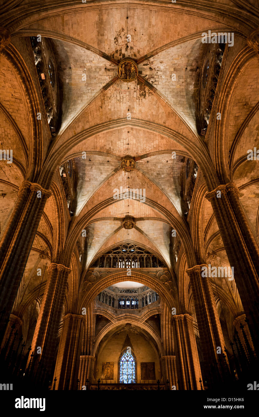 Barcelona, Spain: Vaulted ceiling and columns of the Cathedral of ...