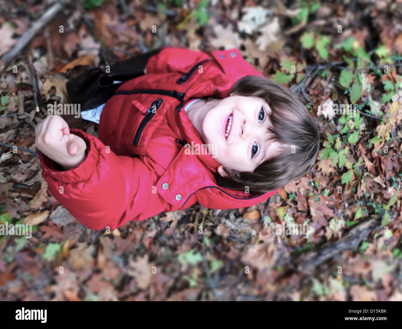 portrait of a child from above in the woods make sign OK Stock Photo ...
