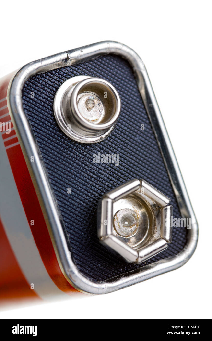 Close up of a 9 V battery isolated on white background Stock Photo - Alamy