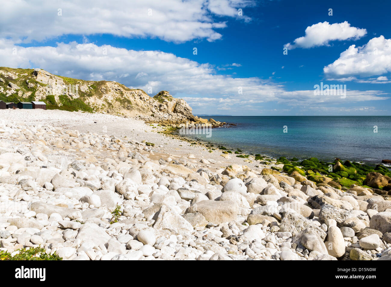 Bright white Portland Stone on the the beach at Church Ope Cove, Isle ...