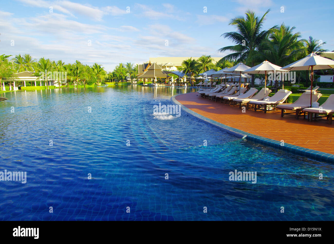 tropical swimming pool with coconut tree and white umbrella Stock Photo ...