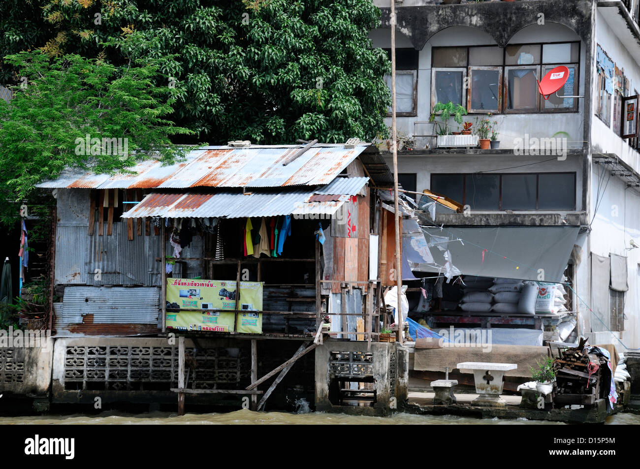 house shack slum accommodation poor housing along chao praya river ...