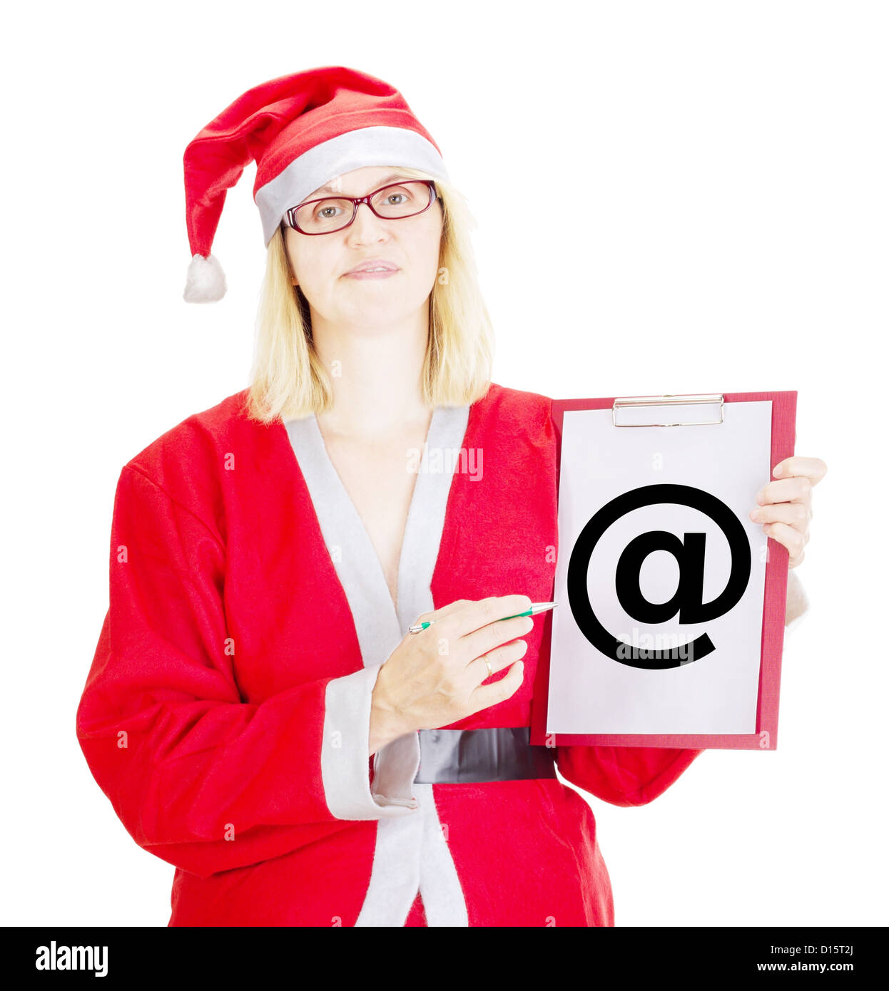Female santa showing something on clipboard Stock Photo - Alamy
