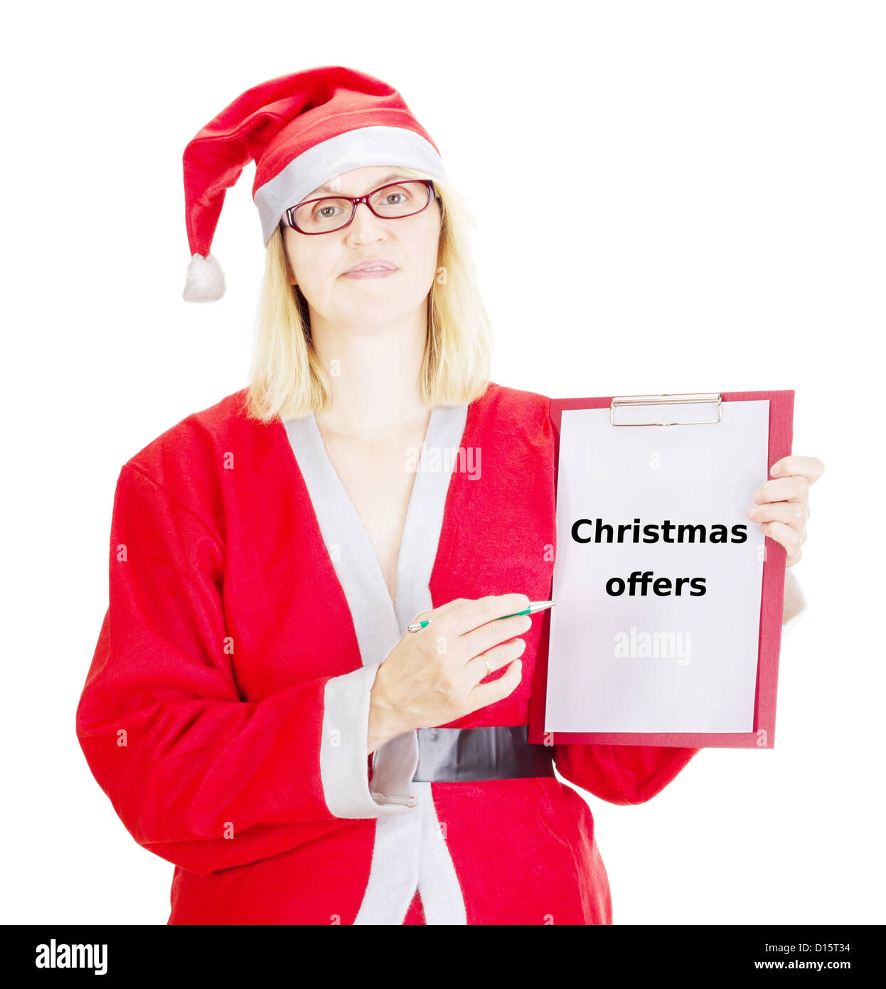 Female santa showing something on clipboard Stock Photo - Alamy