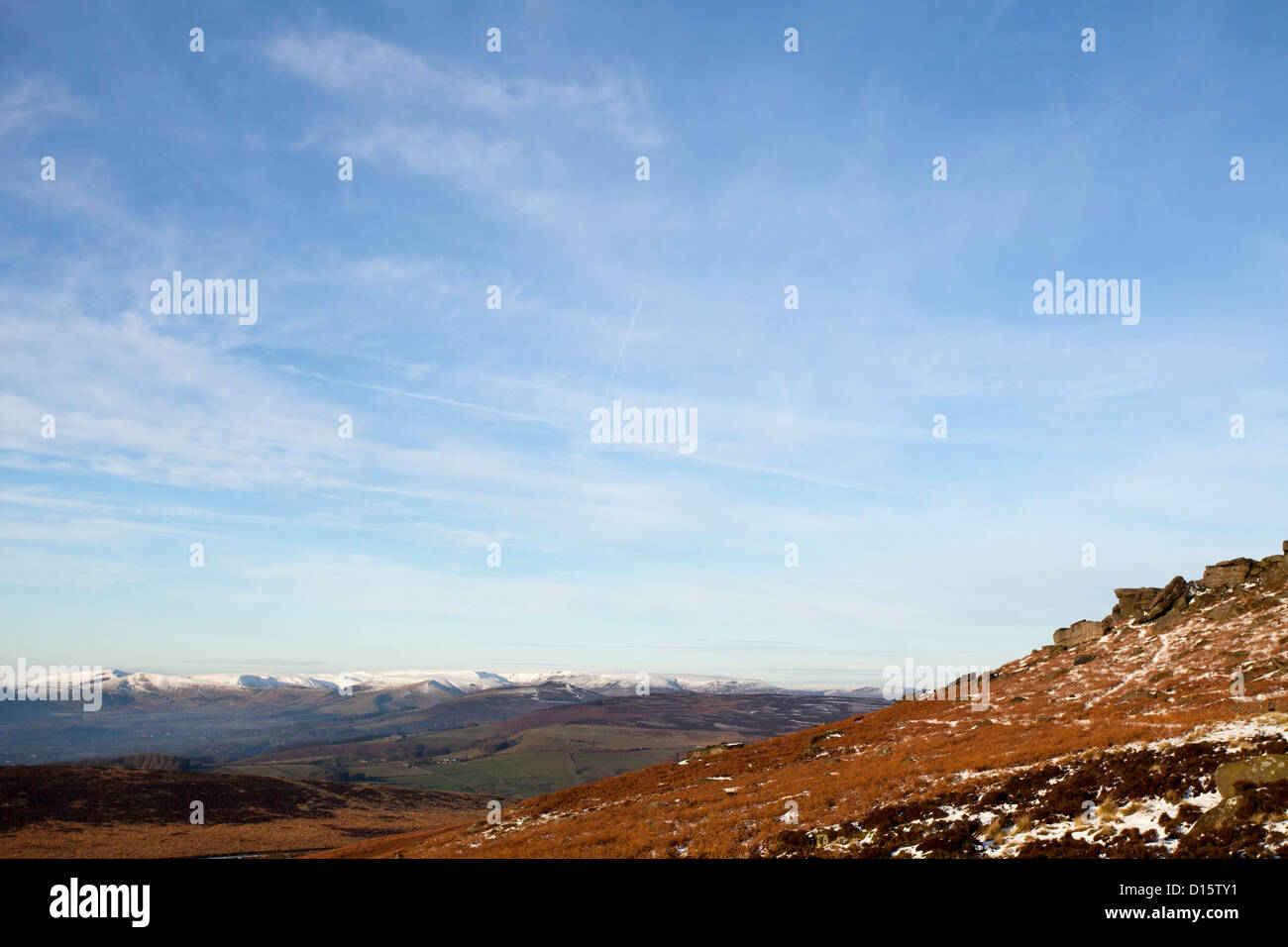 Mam Tor, the Hope valley and Kinder Scout in snow from Stanage Edge ...